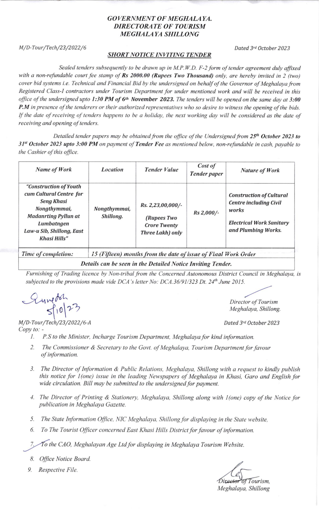 Tender for Youth Cum Cultural Centre Construction in Shillong